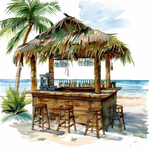 Watercolor Beach Bar Clipart: Tropical Landscape JPG Bundle (digital ...