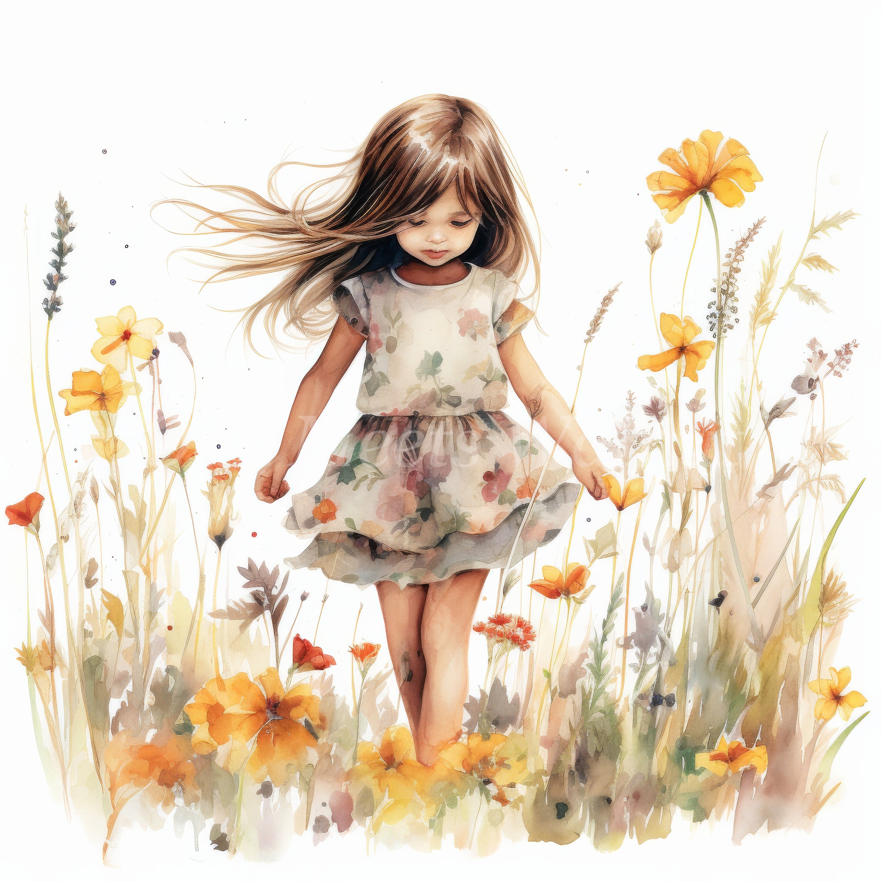 Girl in a Flower Field Clipart Bundle Pack, 12 X 12 Digital Paper, 10 ...