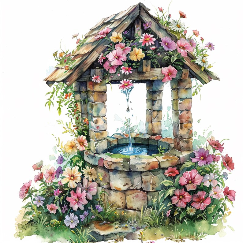 Floral Wishing Well Clipart: Watercolor Flower Illustrations (digital ...