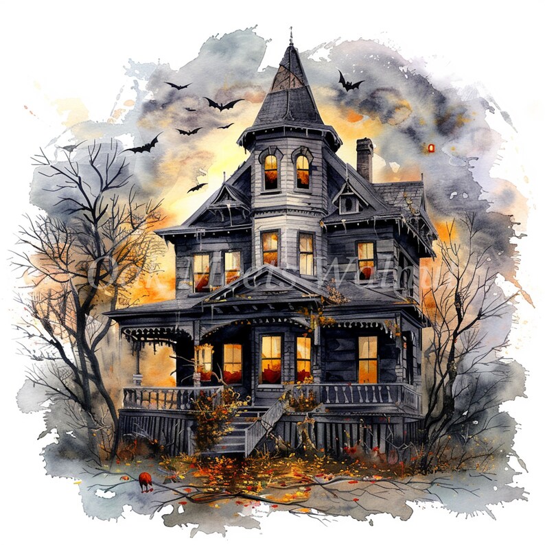 Watercolor Haunted House Clipart: Halloween Horror Images (digital ...