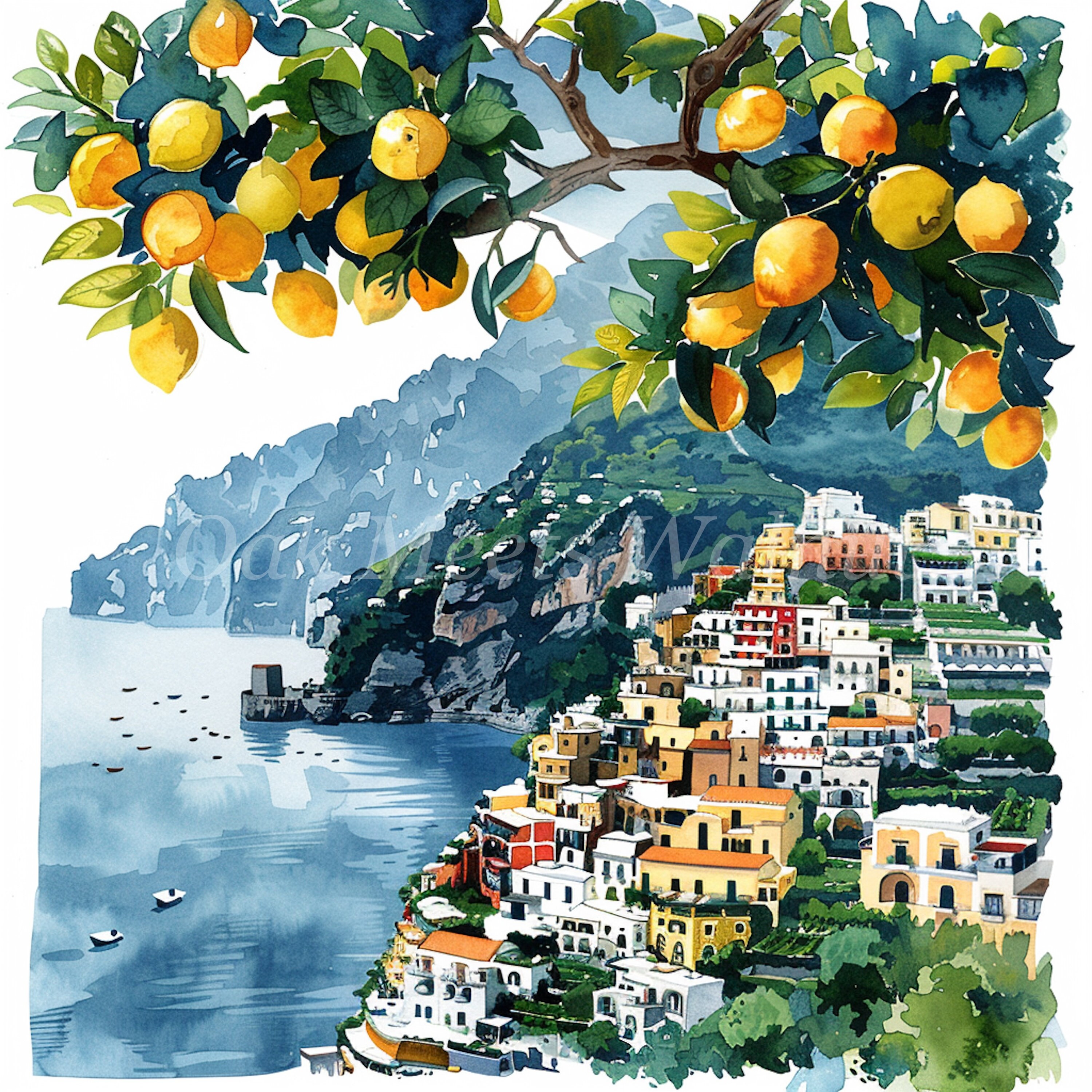 Italian Coast Watercolor Clipart: Amalfi Landscape Images (digital ...