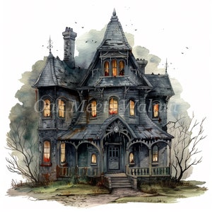 Watercolor Haunted House Clipart: Halloween Horror Images (digital ...
