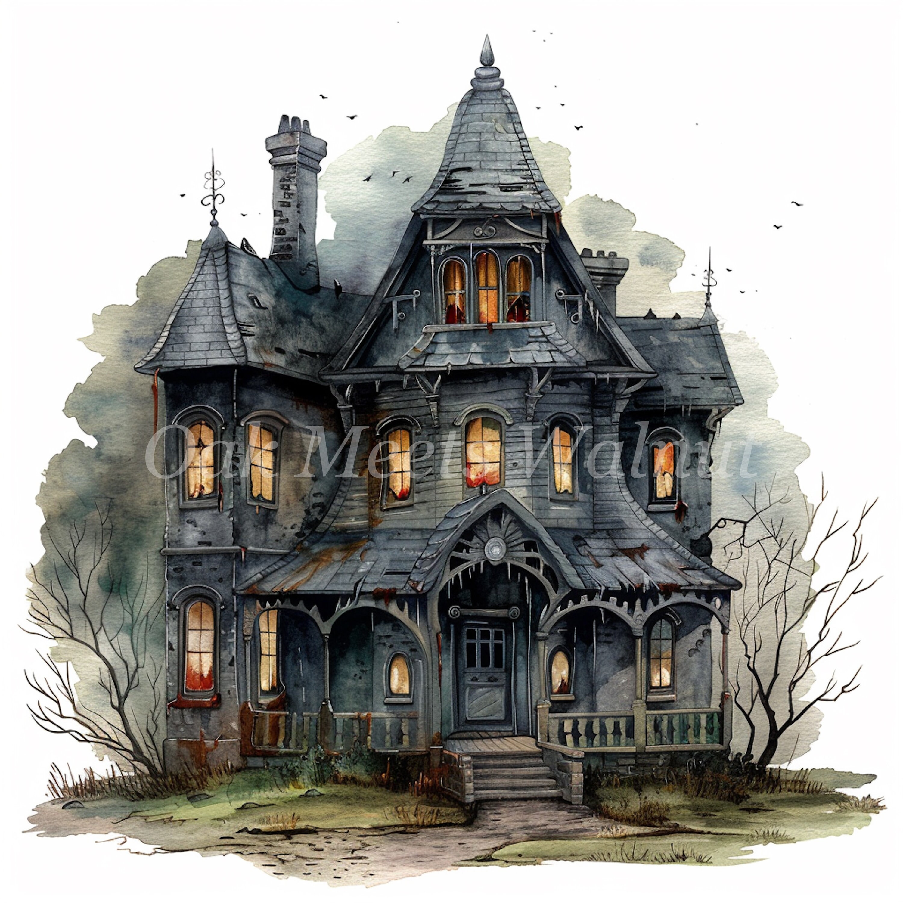 Watercolor Haunted House Clipart: Halloween Horror Images (digital ...