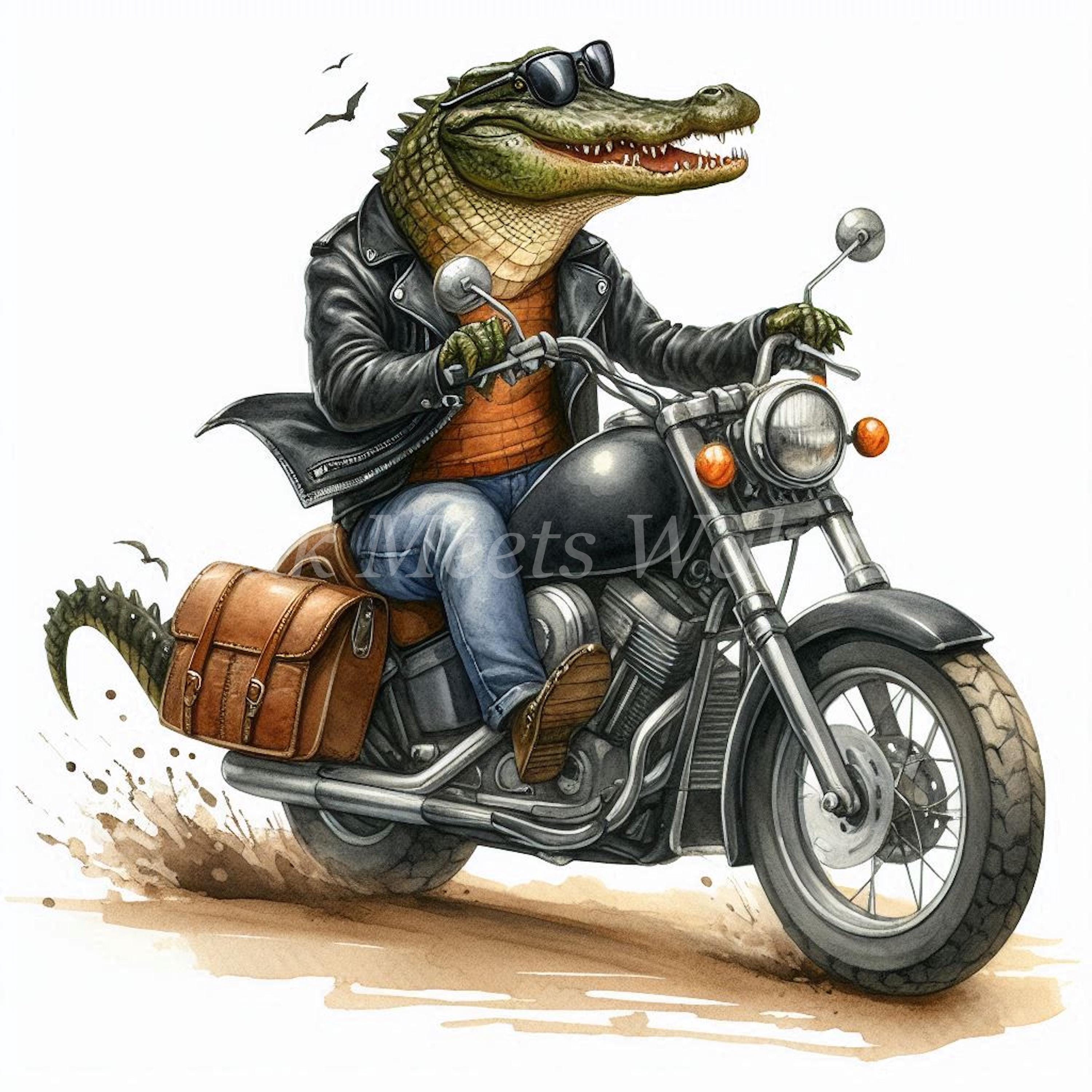 Alligator on Motorcycle Clipart: Watercolor Animal Biker Art (digital ...