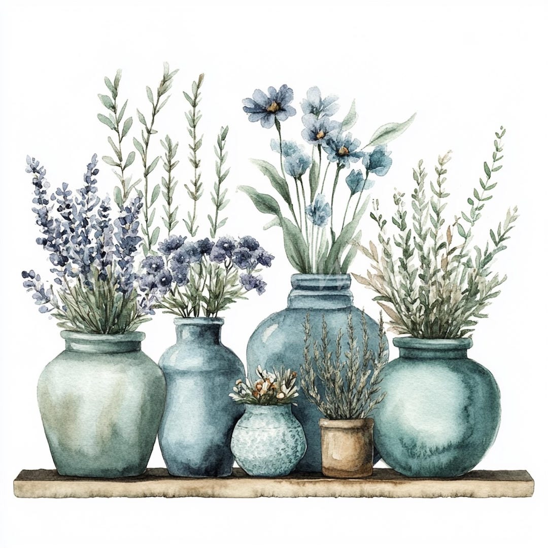 Blue Vintage Pots With Flowers Clipart Bundle- 10 High Quality ...