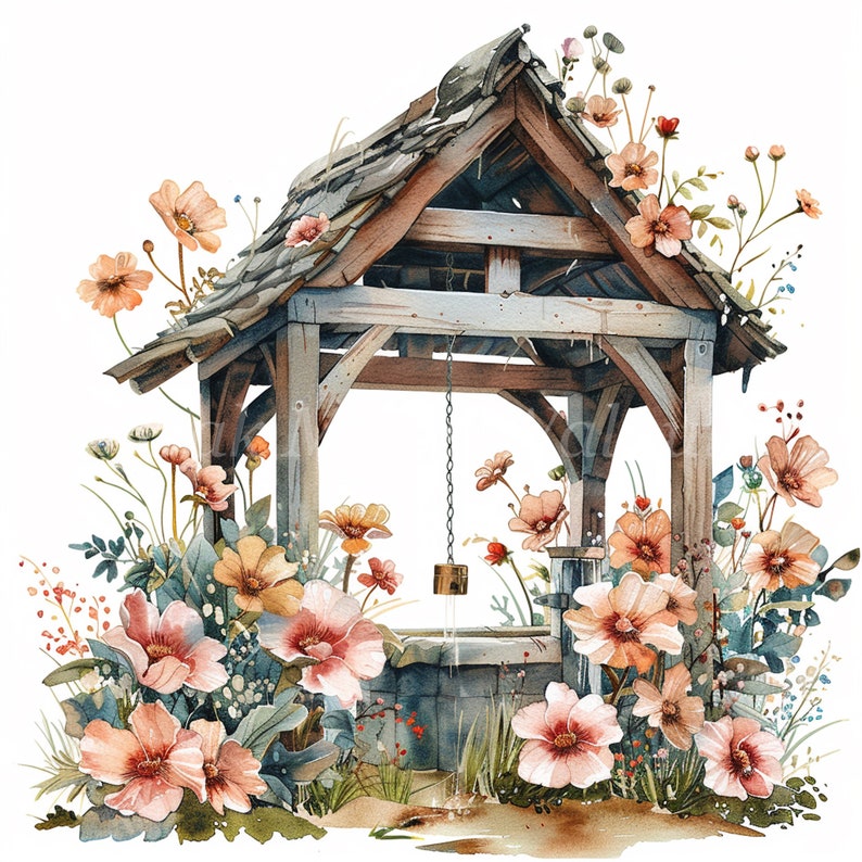 Floral Wishing Well Clipart Bundle- 10 High Quality Watercolor Jpgs ...