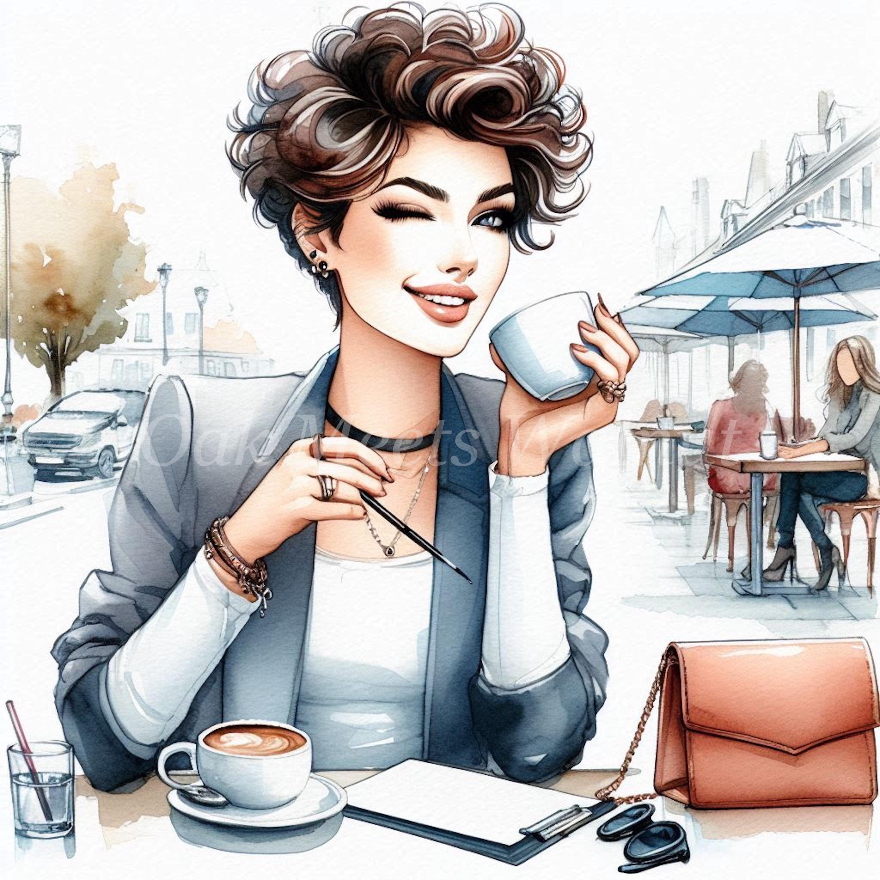 Chic Woman Watercolor Clipart Bundle: Short Hair Fashion (digital ...
