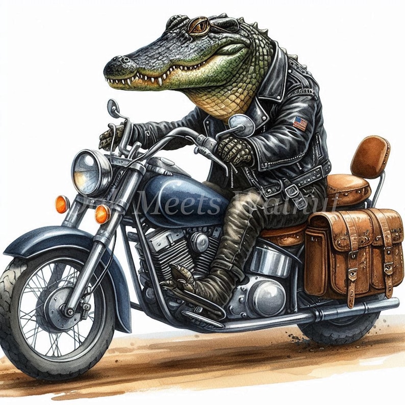 Alligator on Motorcycle Clipart: Watercolor Animal Biker Art (digital ...