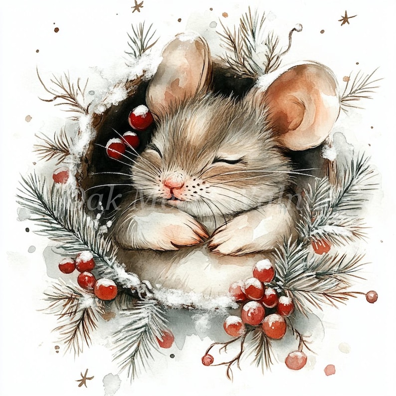 Sleeping Christmas Mouse Watercolor Clipart: Holiday Jpgs (digital ...