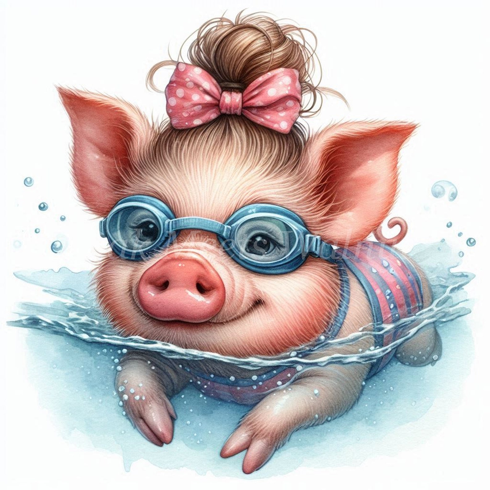 Pig Swimming in a Messy Bun Clipart Bundle- 10 High Quality Watercolor ...
