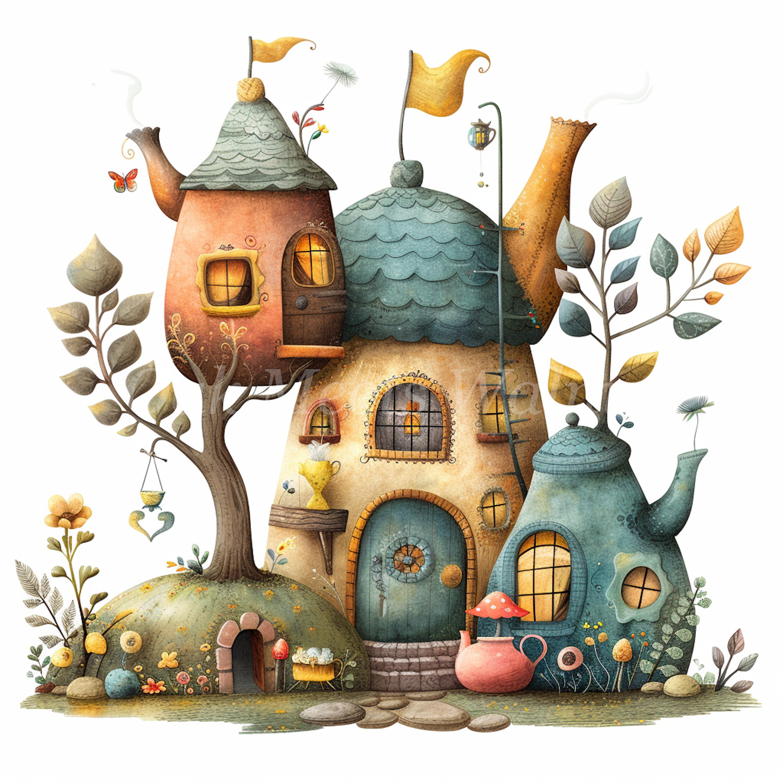 Whimsical Teapot House Clipart Bundle 10 High Quality Watercolor Jpgs ...