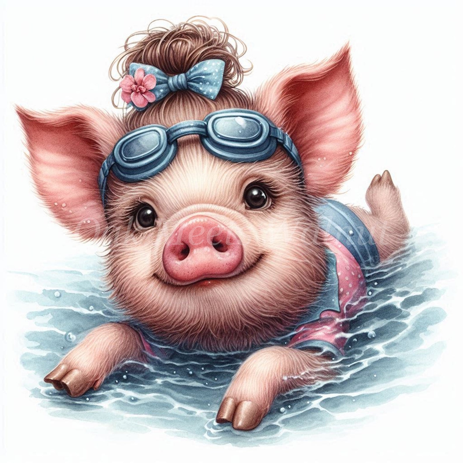 Pig Swimming in a Messy Bun Clipart Bundle- 10 High Quality Watercolor ...