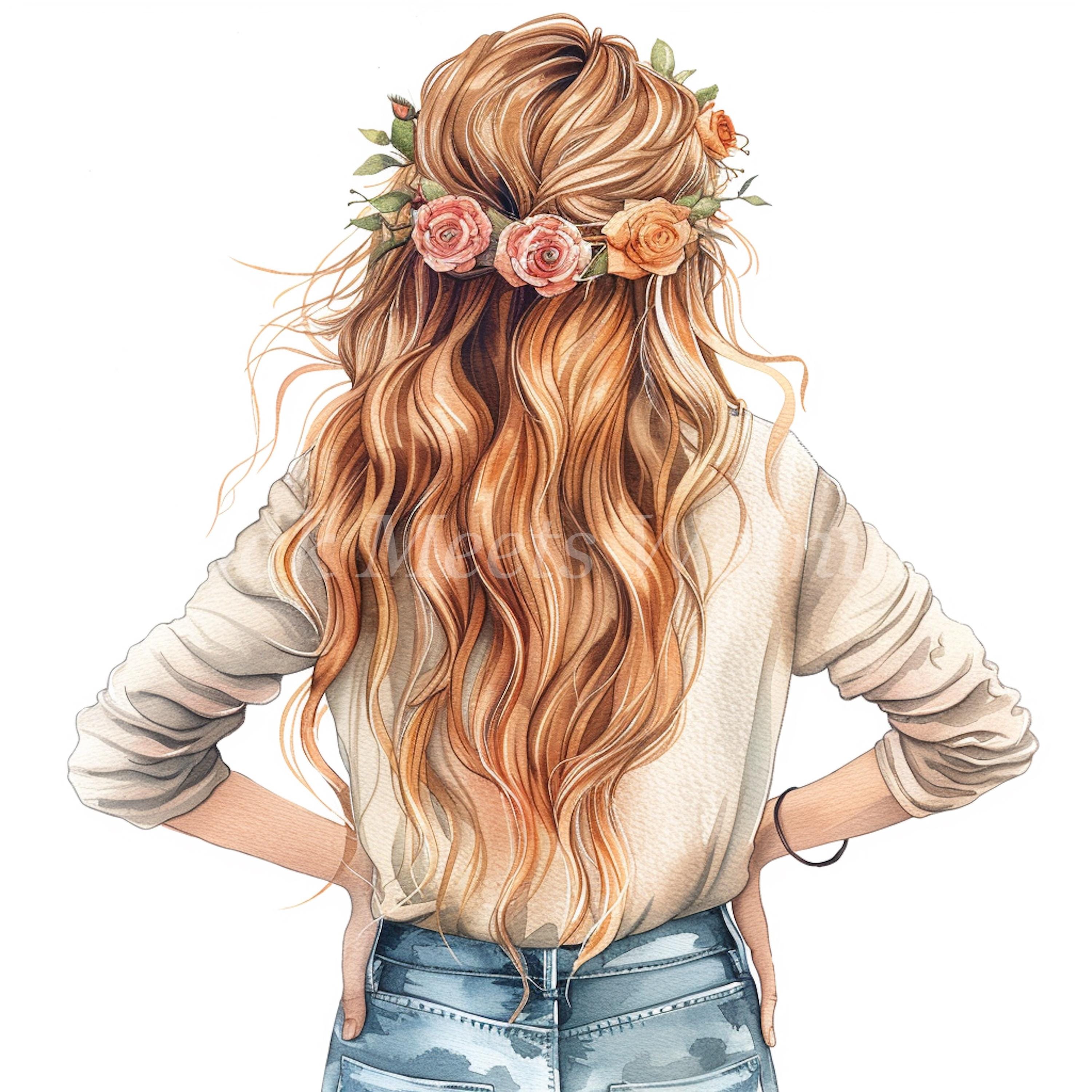 Watercolor Fashion Girl Clipart: Flower Crown, Jeans (digital Download ...