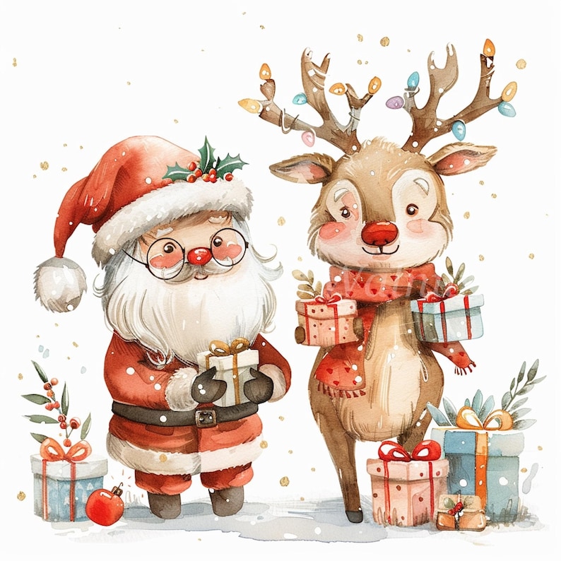 Christmas Santa & Reindeer Clipart Bundle-10 High Quality Watercolor ...