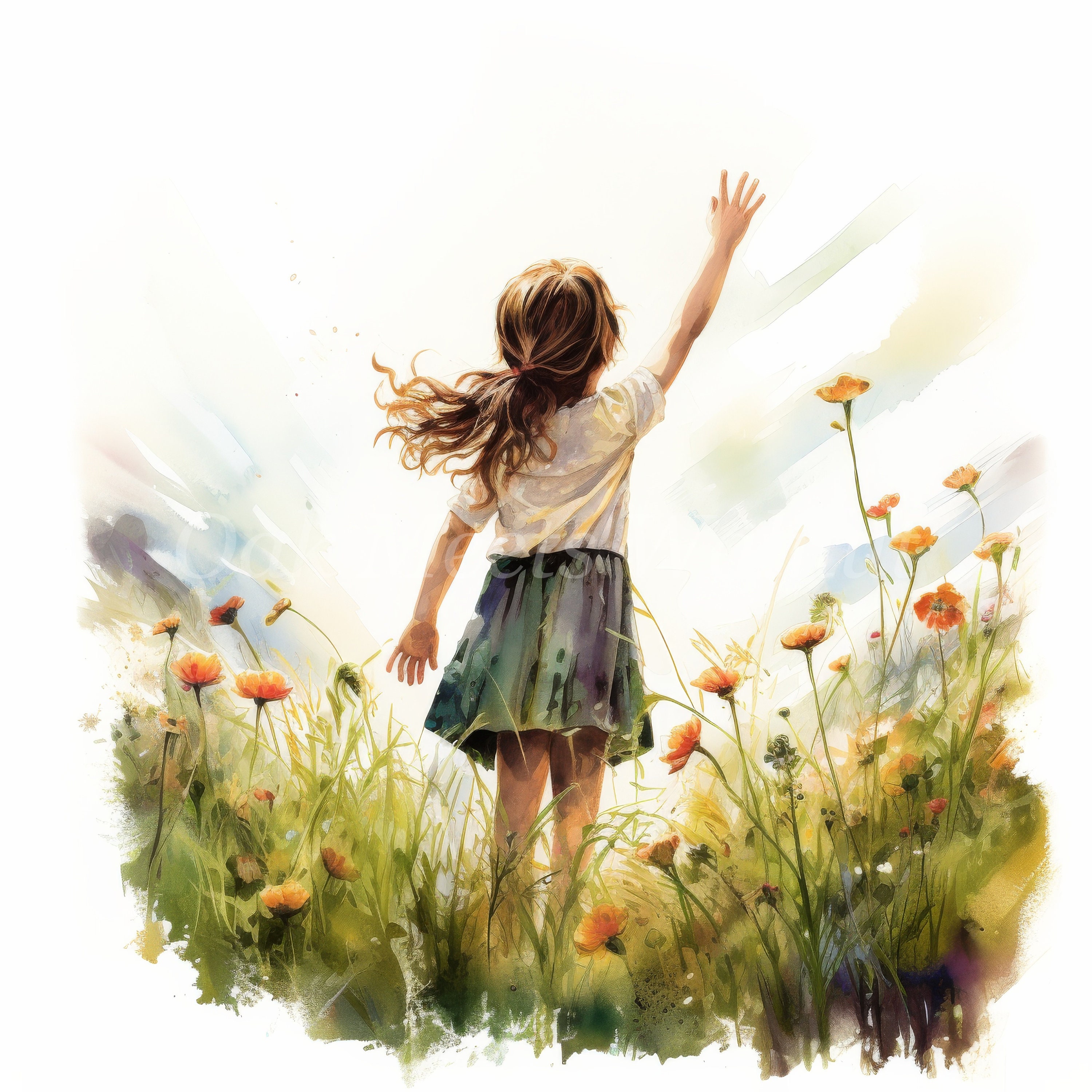 Girl in a Flower Field Clipart Bundle Pack, 12 X 12 Digital Paper, 10 ...