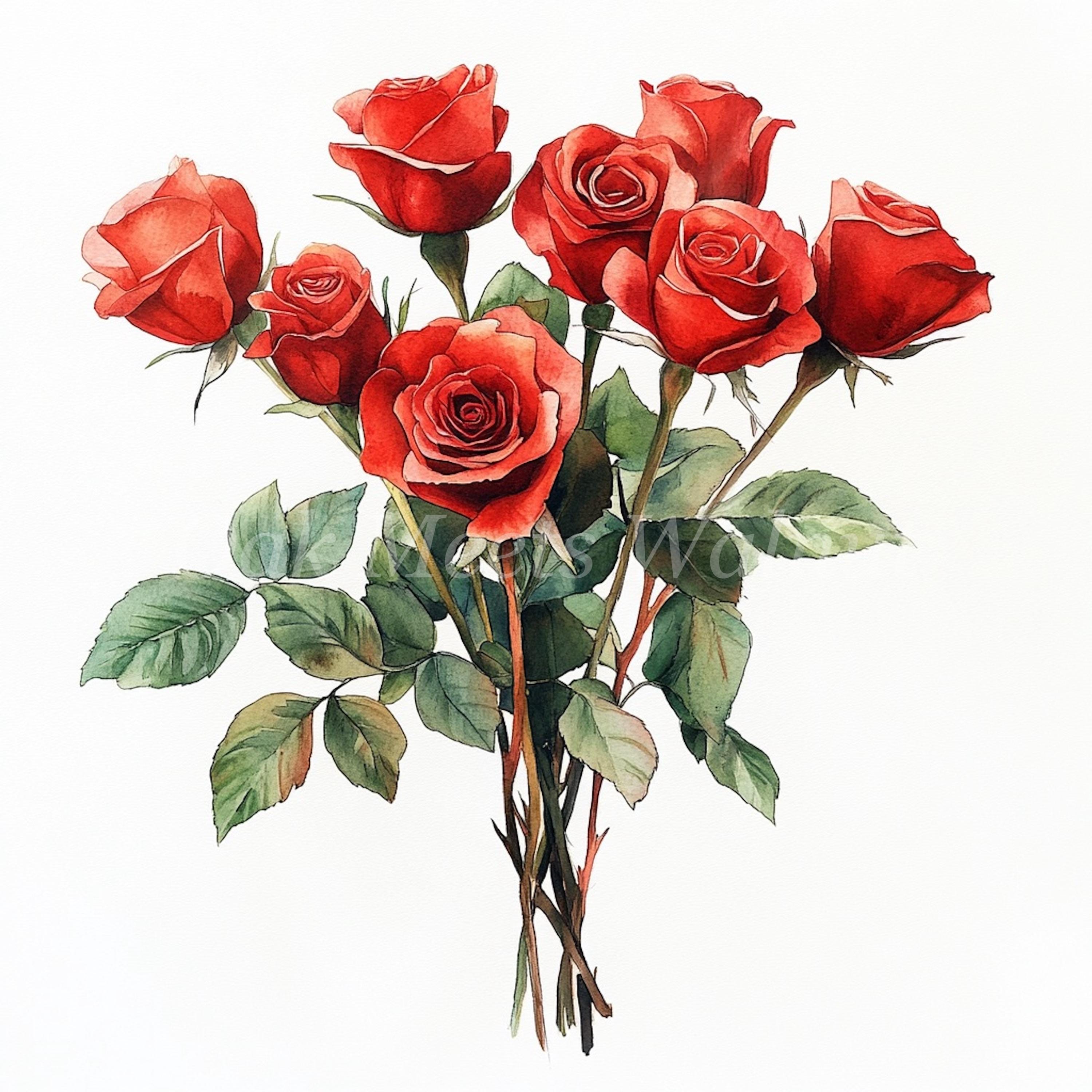 Red Roses Watercolor Clipart: Floral Scrapbook Images (digital Download ...