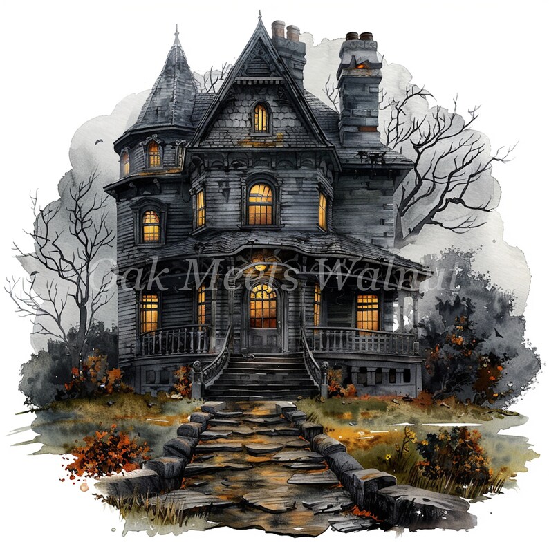 Watercolor Haunted House Clipart: Halloween Horror Images (digital ...