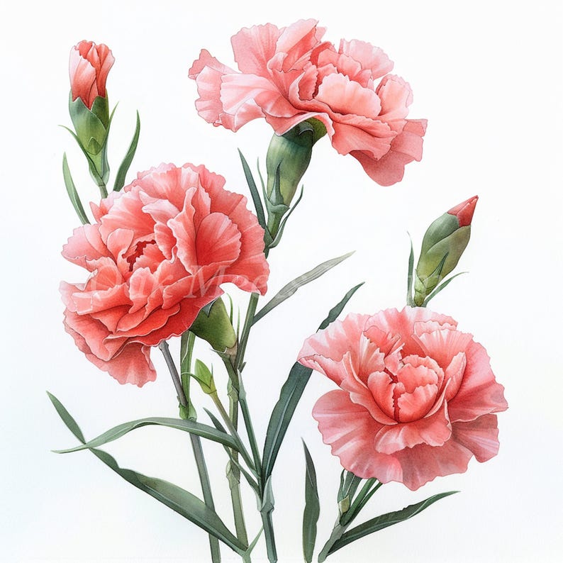 Pink Carnation Watercolor Clipart Bundle: Floral JPG Images (digital ...