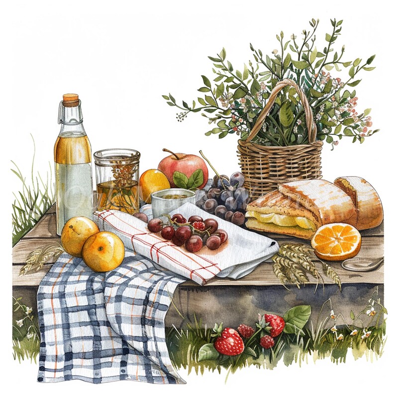 Spring Picnic, Clipart Bundle- 10 High Quality Watercolor Jpgs ...