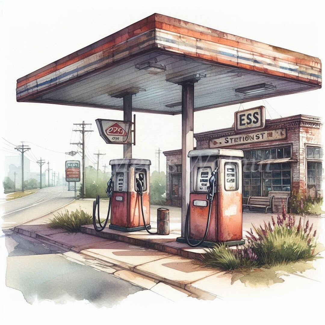 Retro Gas Station Watercolor Clipart: Vintage Printable Images (digital ...