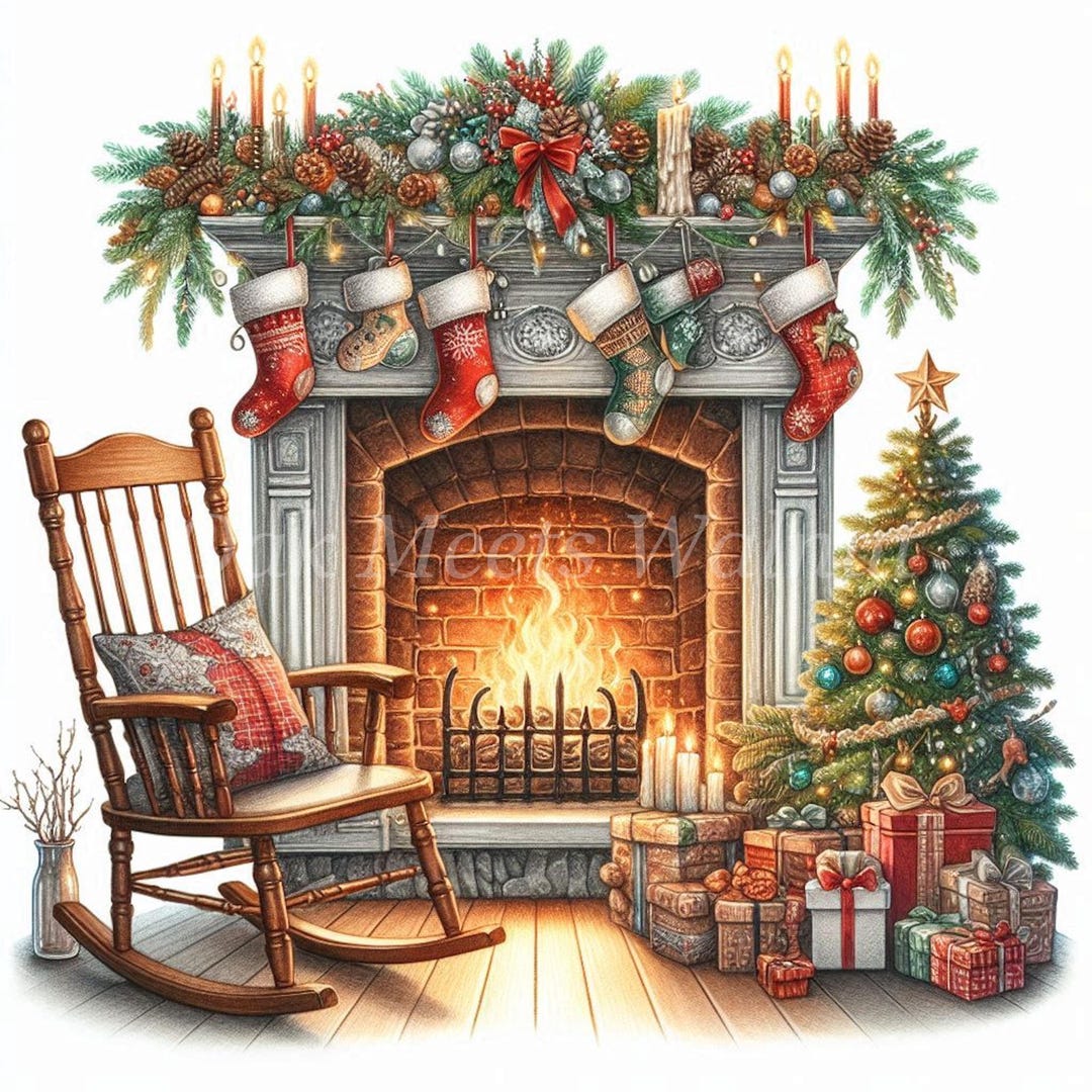 Cozy Christmas Fireplace Clipart Bundle- 10 High Quality Watercolor ...