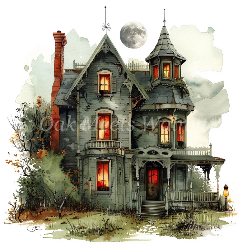 Watercolor Haunted House Clipart: Halloween Horror Images (digital ...