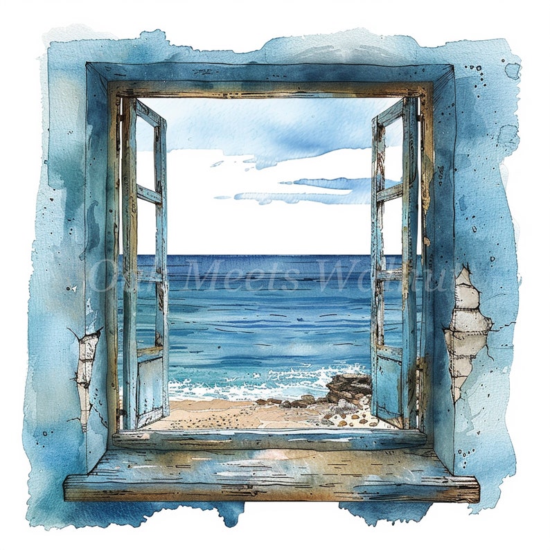 Watercolor Ocean View Clipart: Window Scene JPG Bundle (digital ...