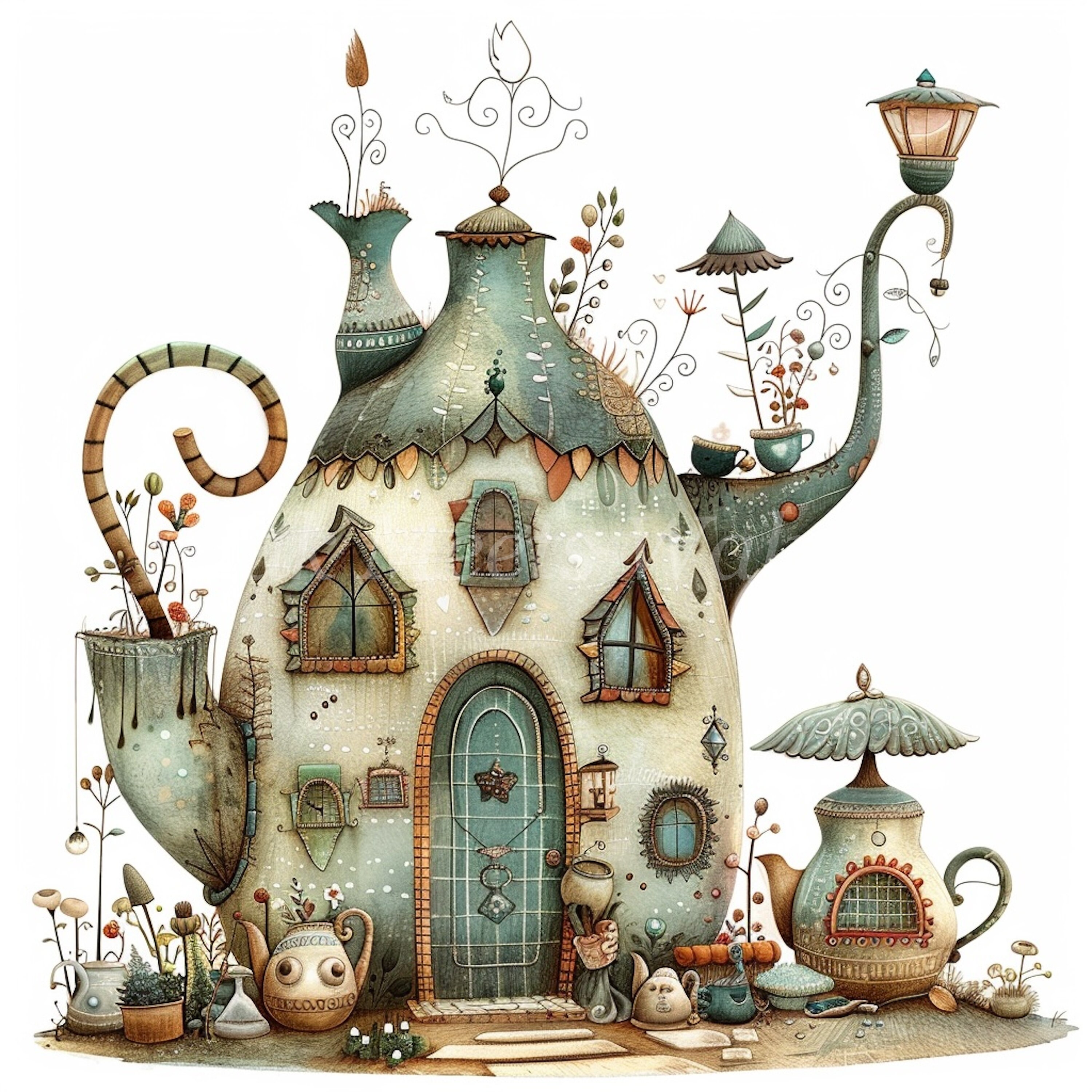 Whimsical Teapot House Clipart Bundle 10 High Quality Watercolor Jpgs ...