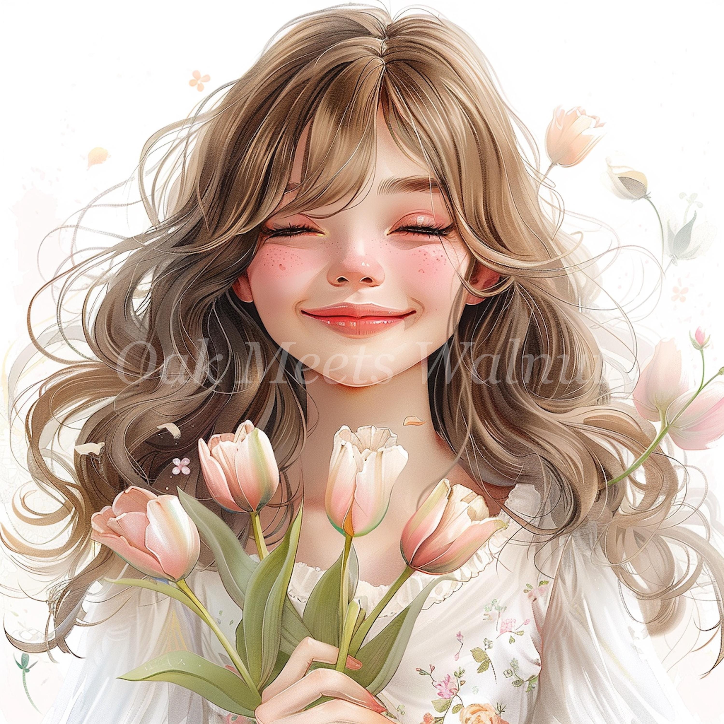 Watercolor Girl With Flowers Clipart: Floral JPG Bundle (digital ...