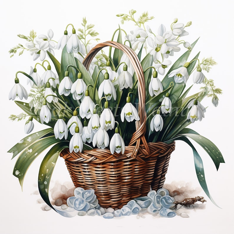 Snowdrop Basket Clipart: Watercolor Floral JPG Bundle (digital Download ...