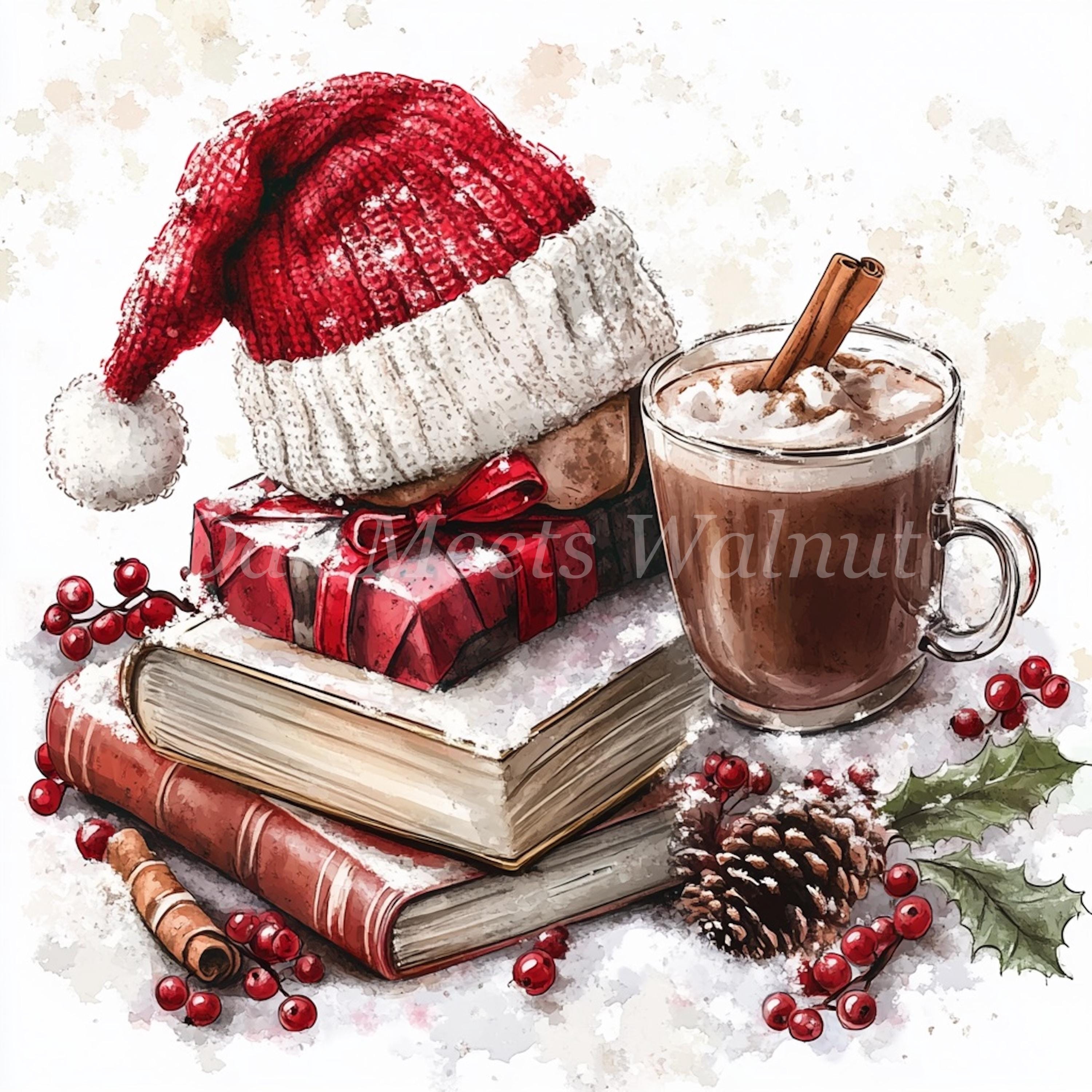 Christmas Cocoa Watercolor Clipart: Holiday Hat & Books (digital ...