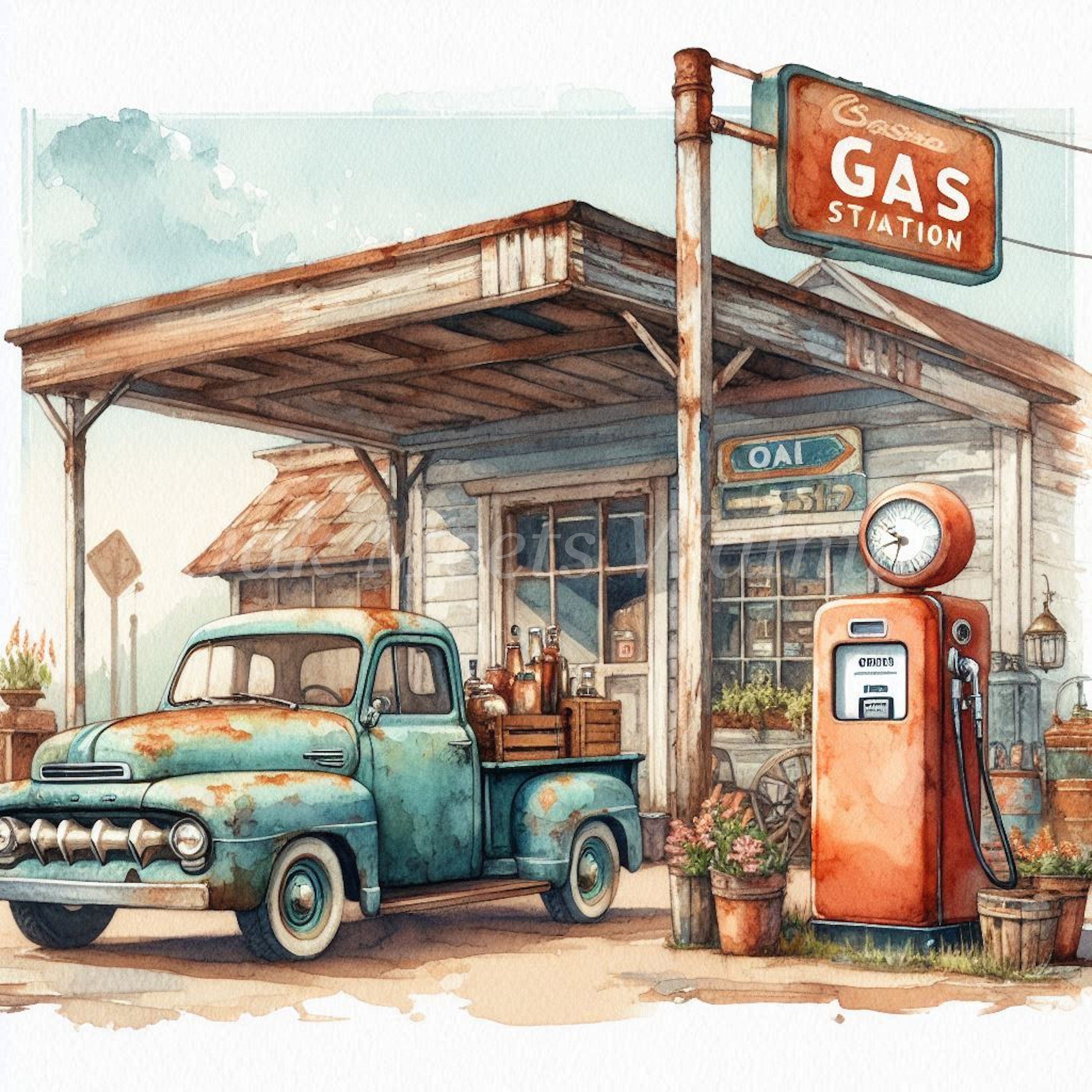 Retro Gas Station Watercolor Clipart: Vintage Printable Images (digital ...