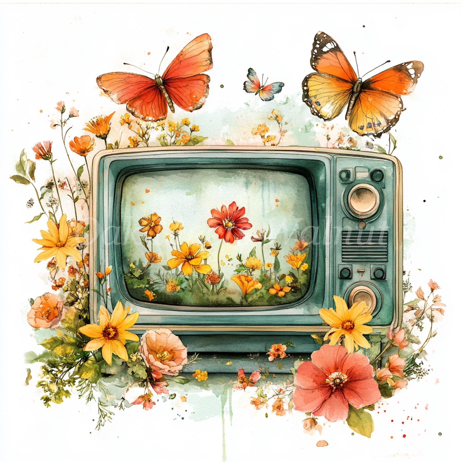 Floral TV Clipart Bundle: Watercolor Vintage Television Jpgs (digital ...