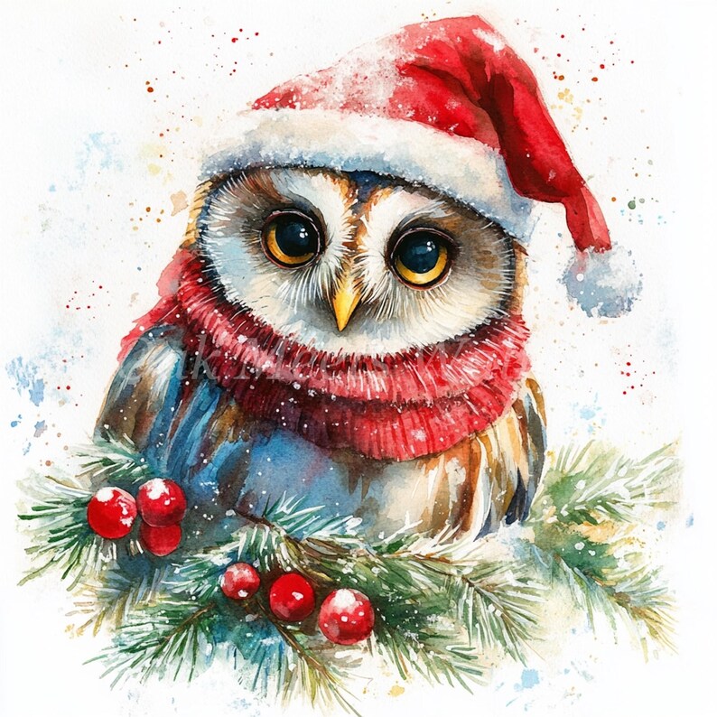 Watercolor Christmas Owl Clipart: Holiday Scrapbooking (digital ...