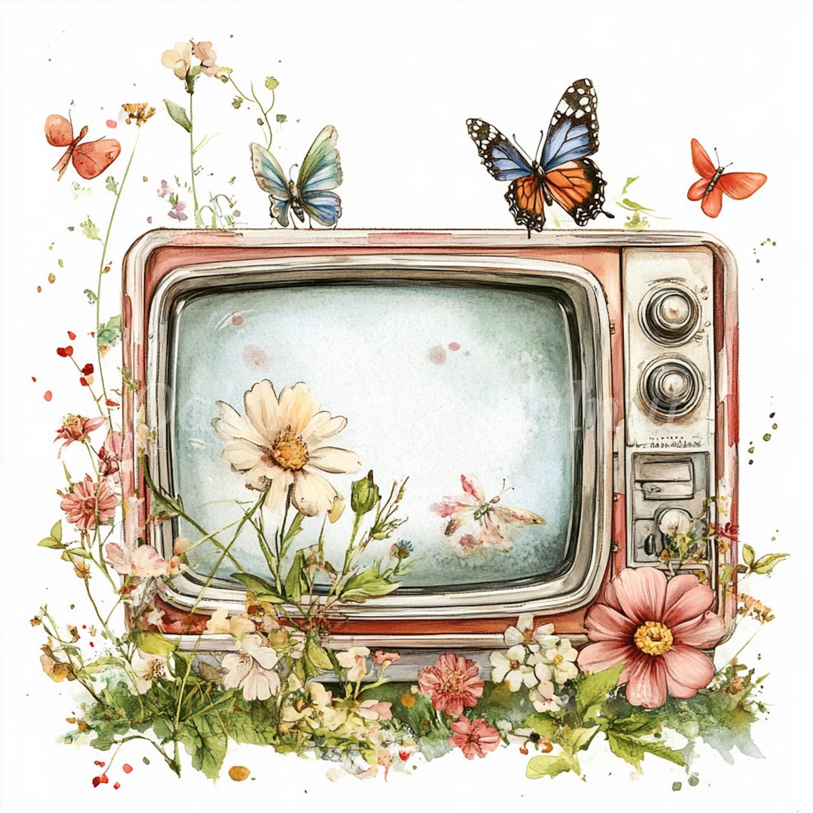 Floral TV Clipart Bundle: Watercolor Vintage Television Jpgs (digital ...