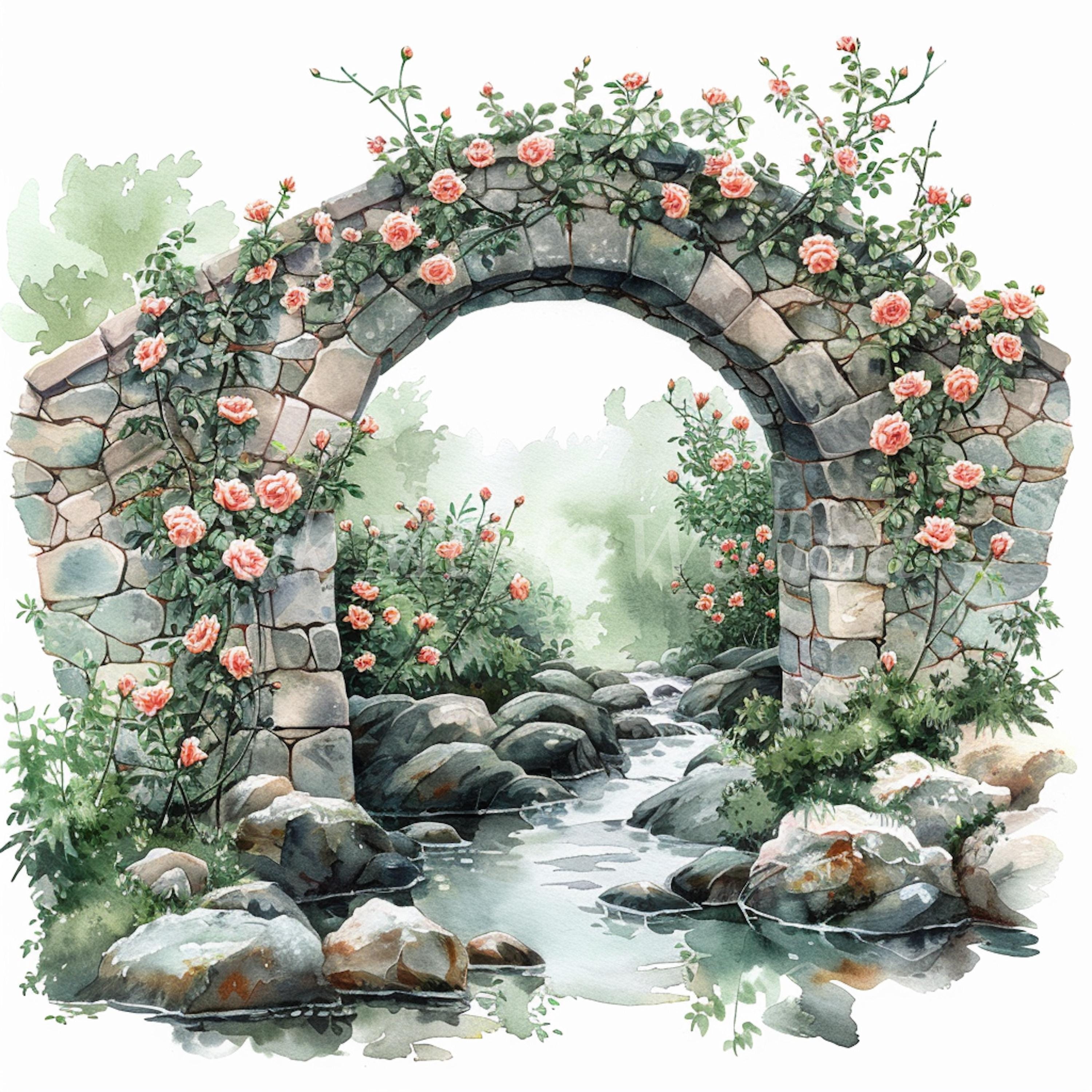 Watercolor Stone Bridge With Roses Clipart: Scrapbook Art (digital ...