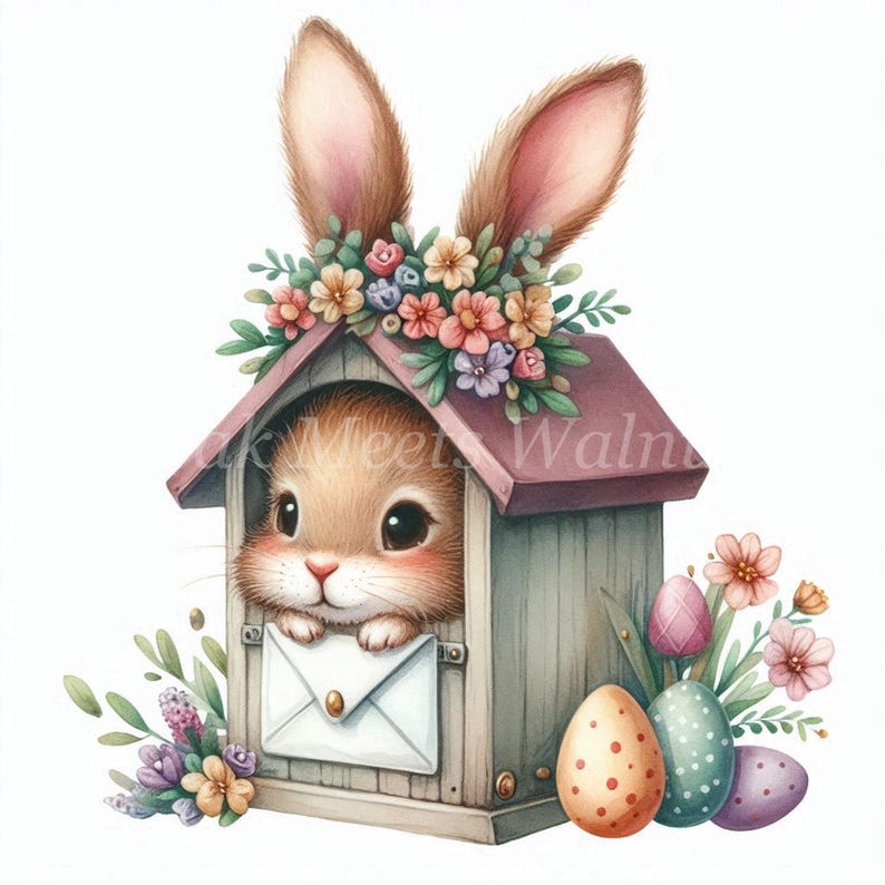 Tiny Easter Mailbox Bunny Clipart Bundle- 10 High Quality Watercolor ...