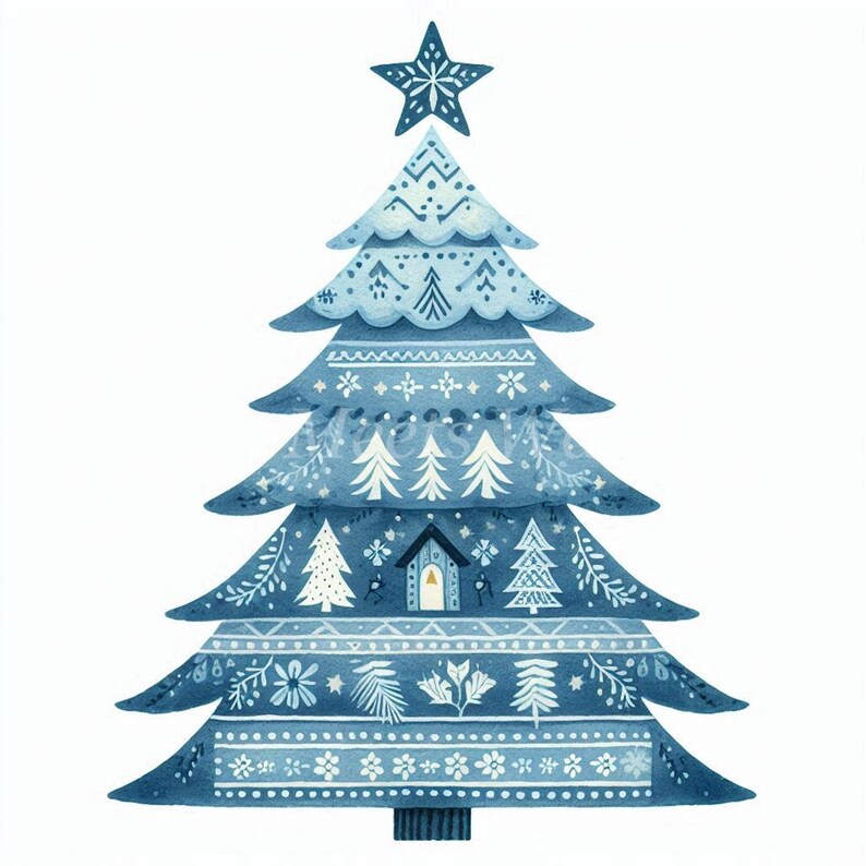Blue Christmas Tree Clipart Bundle: Whimsical Watercolor Jpgs (digital ...