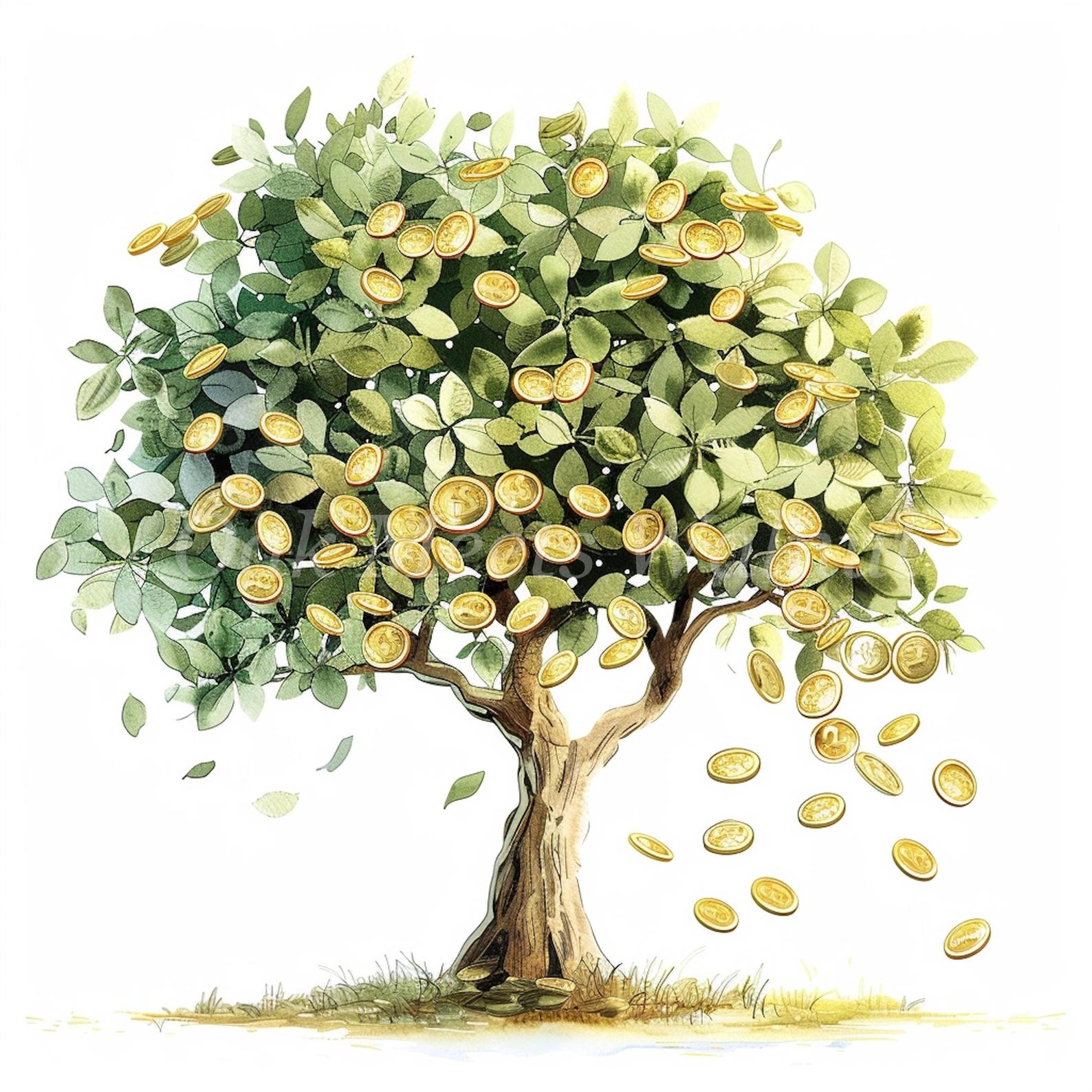 Watercolor Money Tree Clipart Bundle: High-resolution Jpgs (digital ...