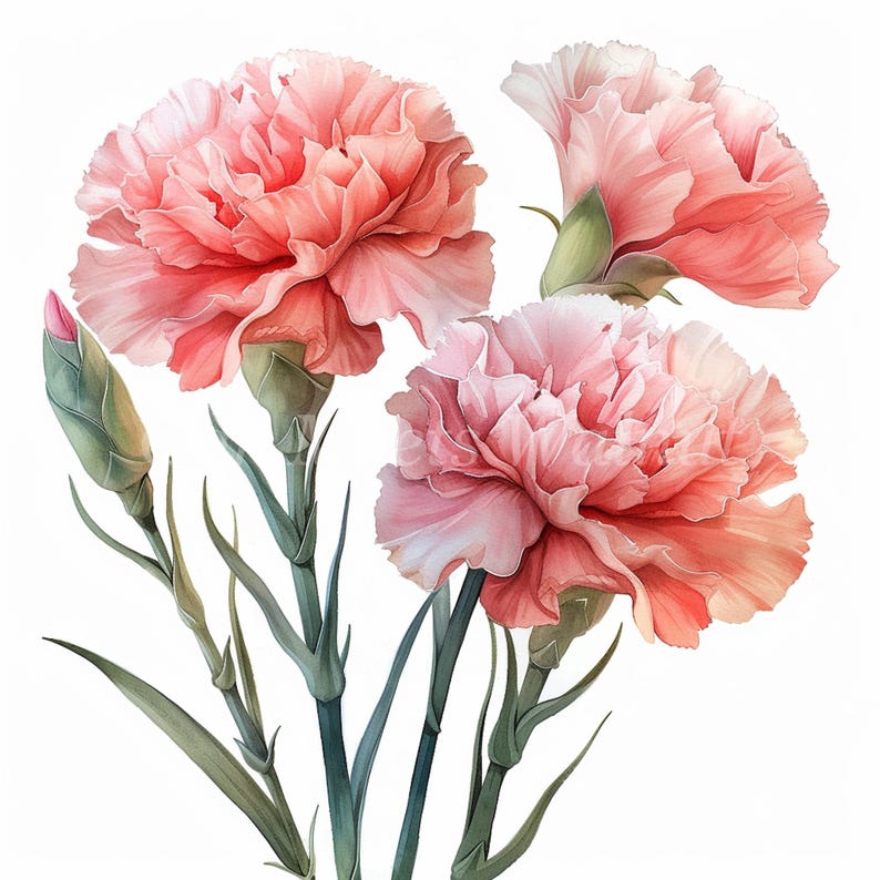 Pink Carnation Watercolor Clipart Bundle: Floral JPG Images (digital ...