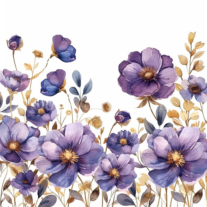 Purple Watercolor Flower Clipart Bundle: Floral JPG Images (digital ...