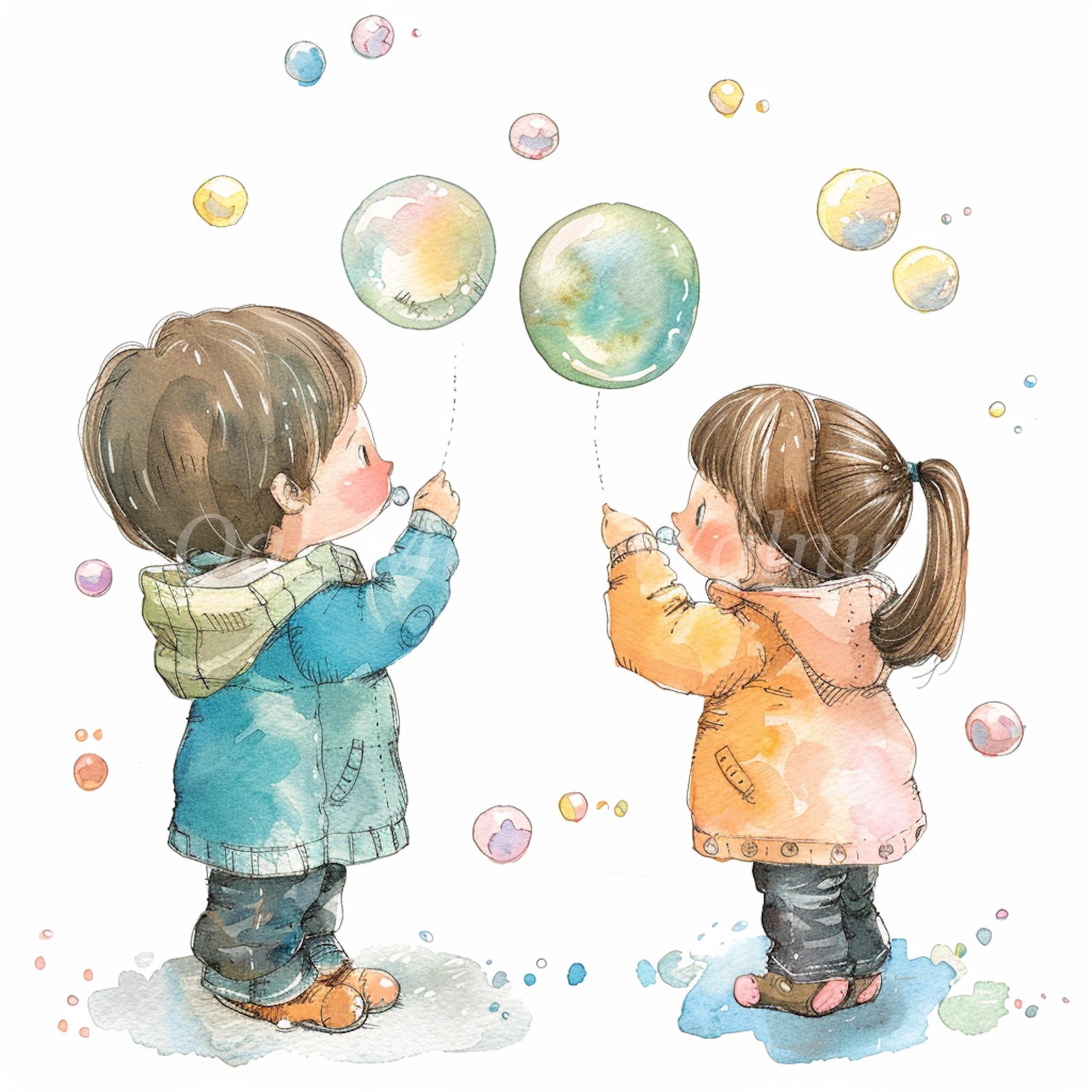 Kids Blowing Bubbles Watercolor Clipart: Scrapbook Paper Craft (digital ...