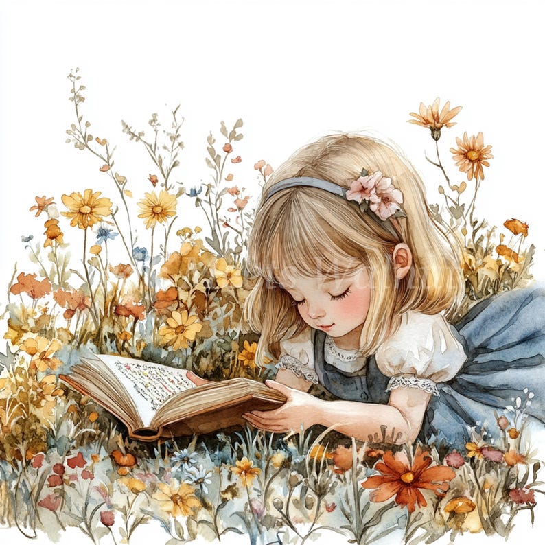 Watercolor Girl Reading in Flower Field: Printable Art (jpgs) - Etsy