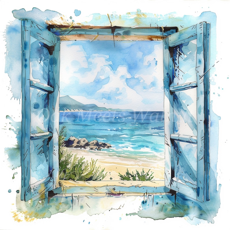 Watercolor Ocean View Clipart: Window Scene JPG Bundle (digital ...