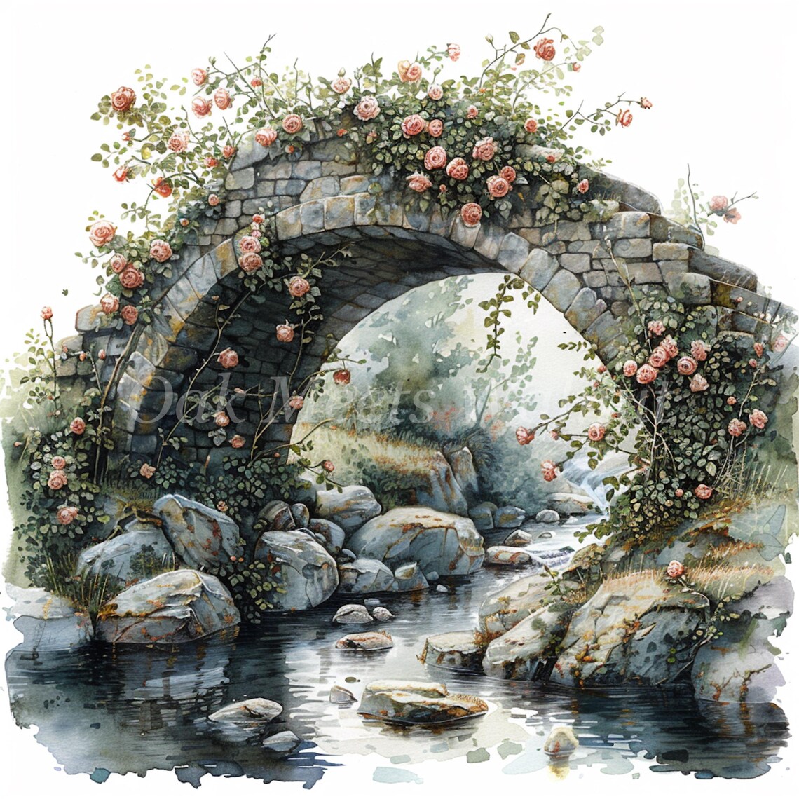 Watercolor Stone Bridge With Roses Clipart: Scrapbook Art (digital ...