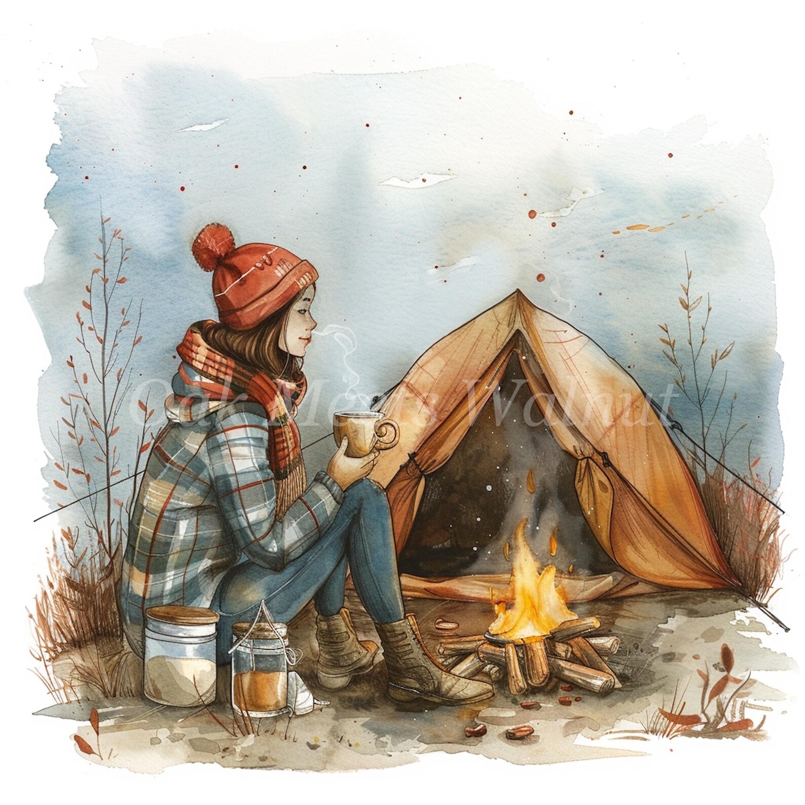 Woman Camping Clipart Bundle: Watercolor Tents, Nightfall (digital ...
