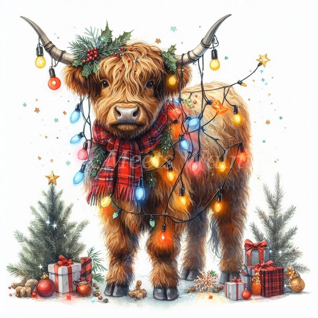 Highland Cow With Christmas Lights Clipart Bundle-10 High Quality ...