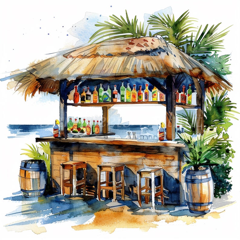 Watercolor Beach Bar Clipart: Tropical Landscape JPG Bundle (digital ...