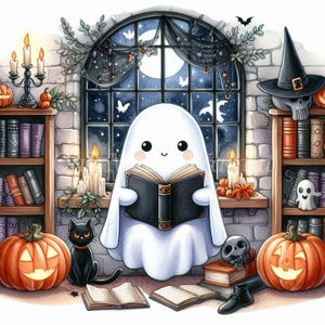 Cute Ghost Reading Book Clipart Bundle 10 High Res Watercolor Jpgs for ...