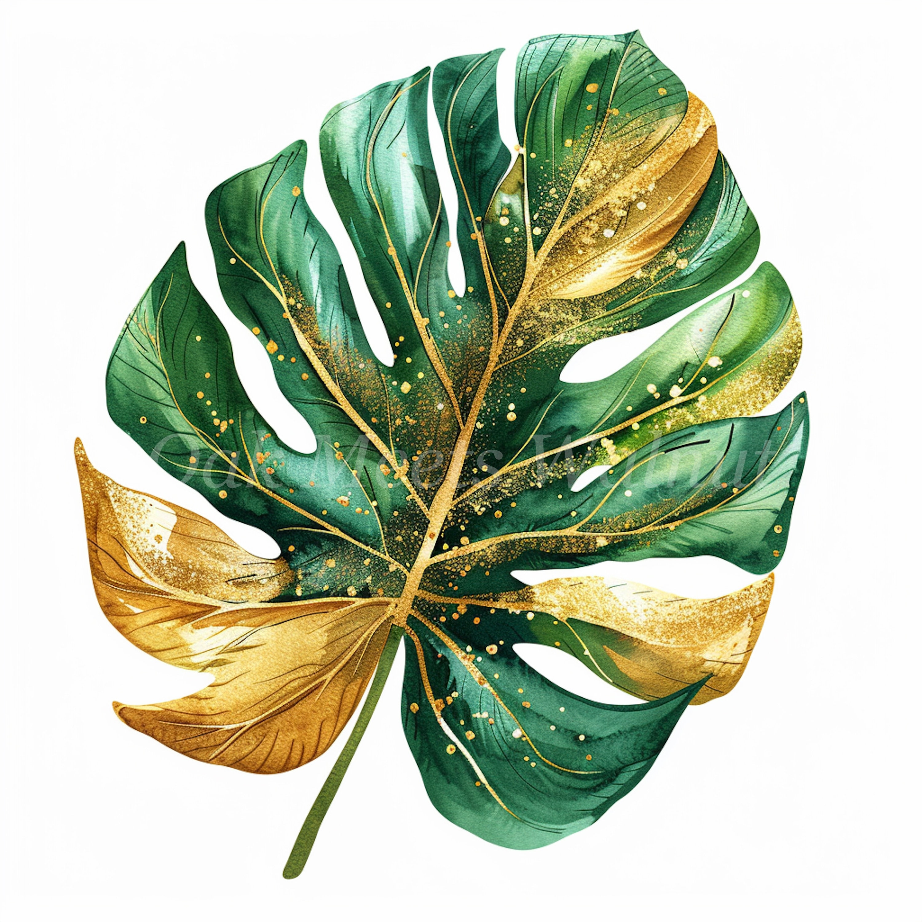 Monstera Leaf With Gold Clipart Bundle- 10 High Quality Watercolor Jpgs ...